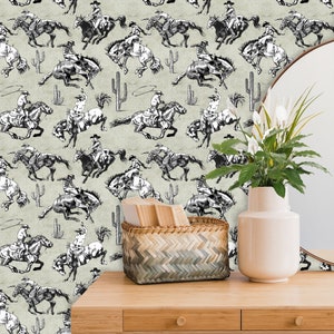 Gray Wallpaper With Cowboy, Southwest Decor, Western Wallpaper Peel ...
