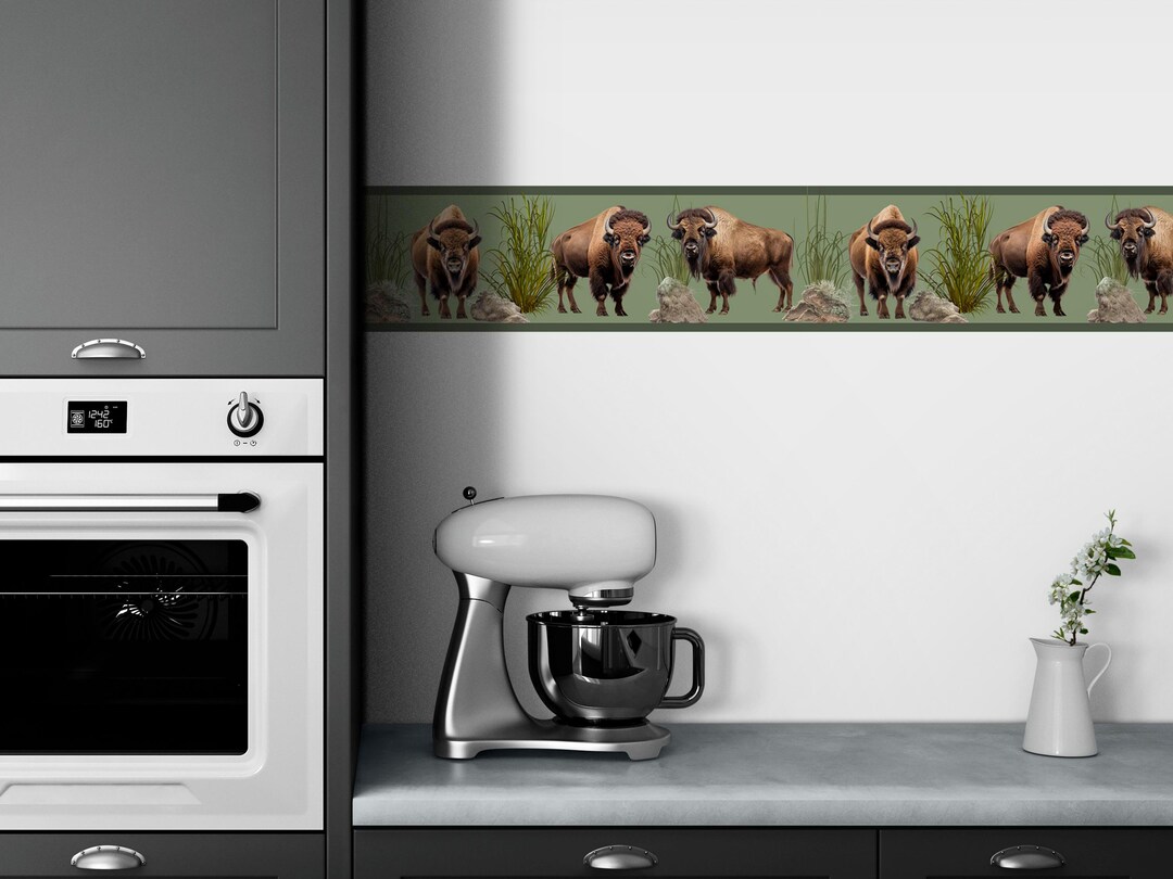 Green Wallpaper Border Peel and Stick, Cabin Decor With Bison, Wildlife ...