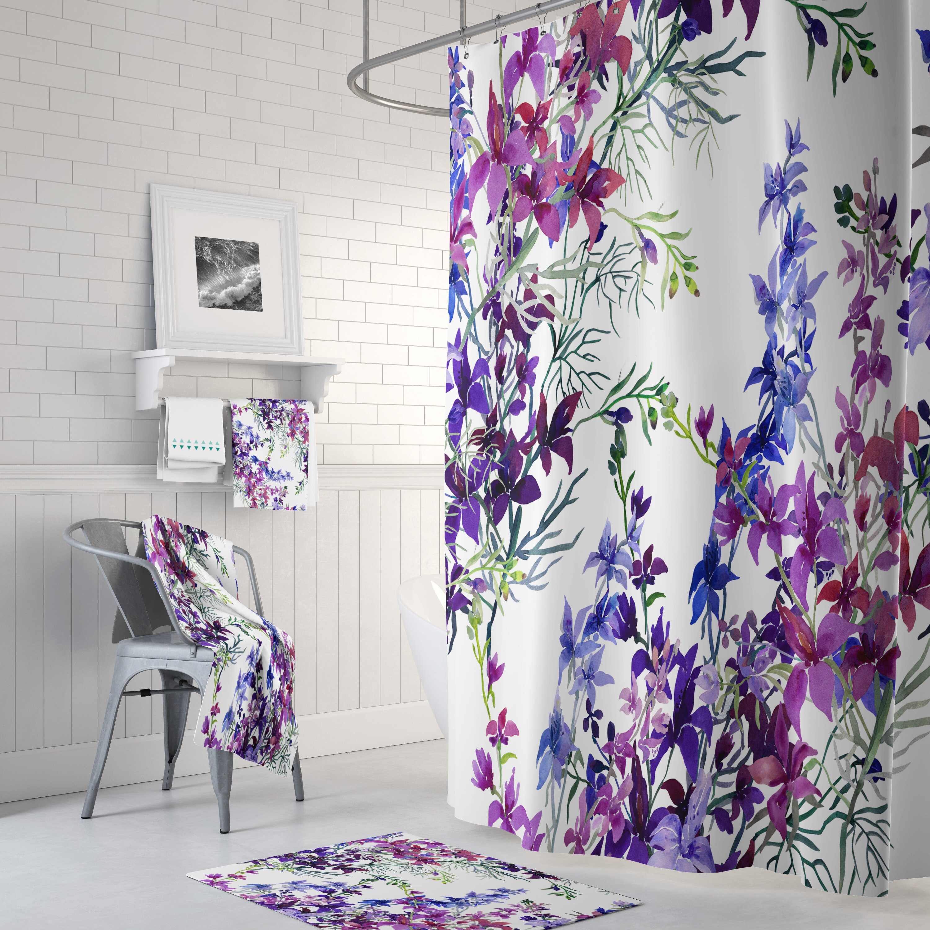 White Shower Curtain With Lilac Blue and Purple Watercolor - Etsy
