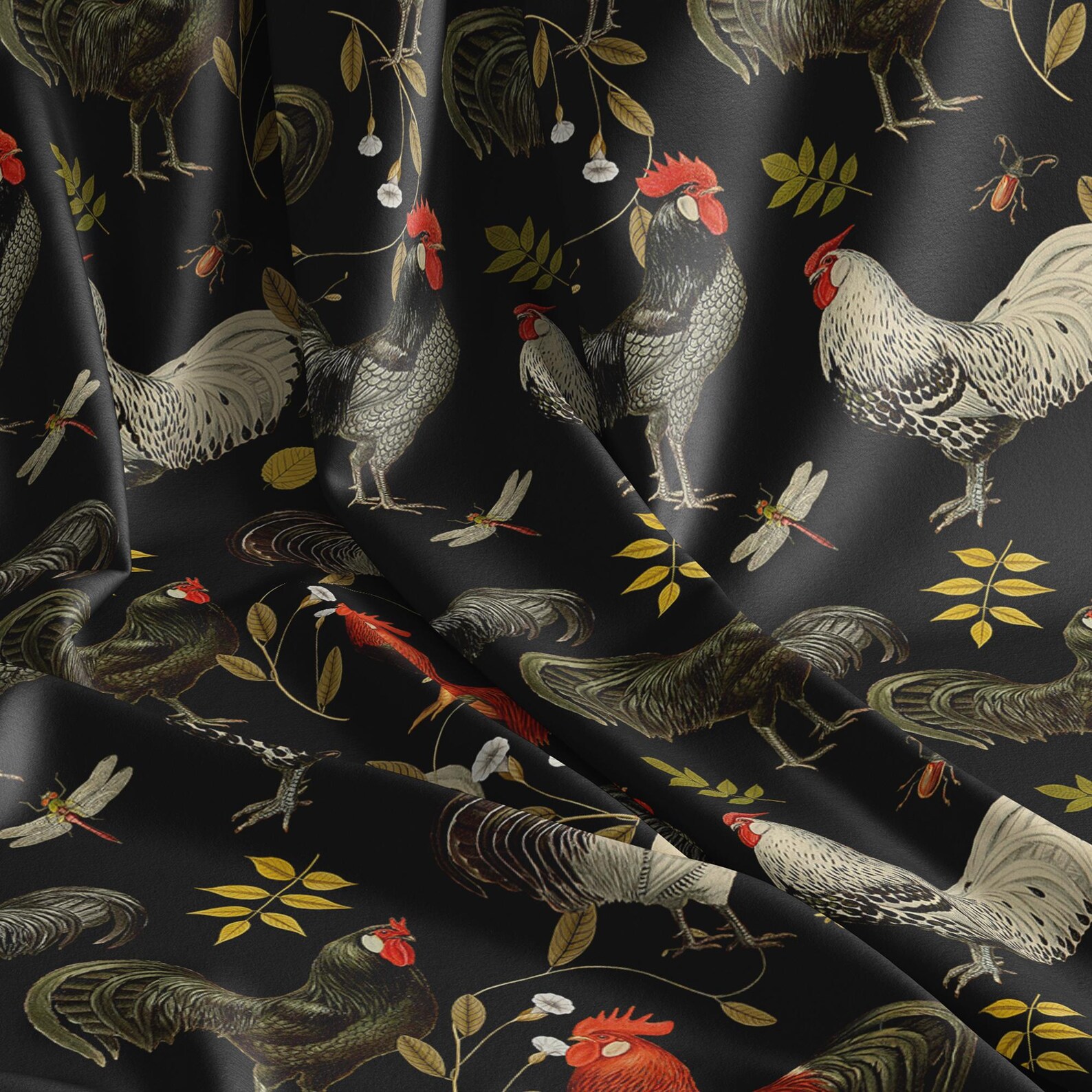 Rooster Fabric, Vintage Farmhouse Black Cotton, Quilting Sewing ...