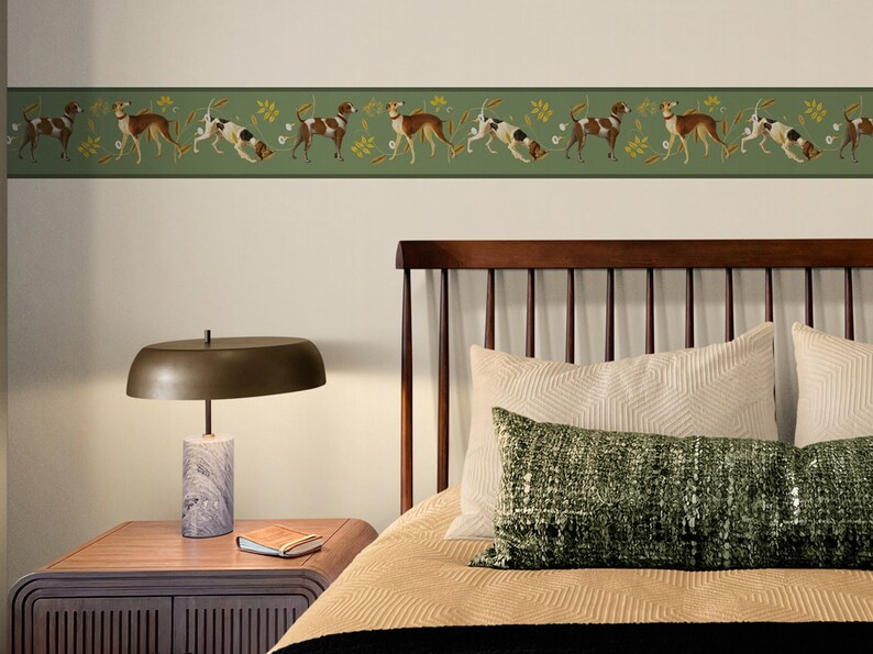 Green Wallpaper Border With Dog Retro Wall Decal Hunting - Etsy