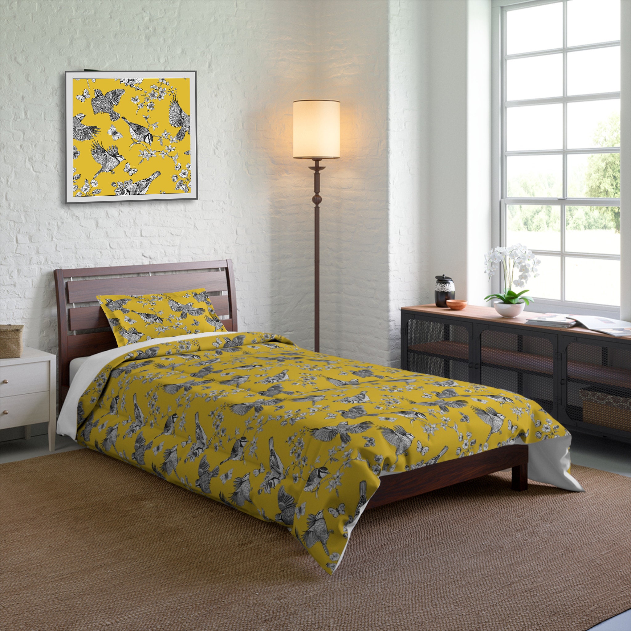 Yellow Bedding Set, Birds Comforter King, Queen, Tween, XL Twin Size ...