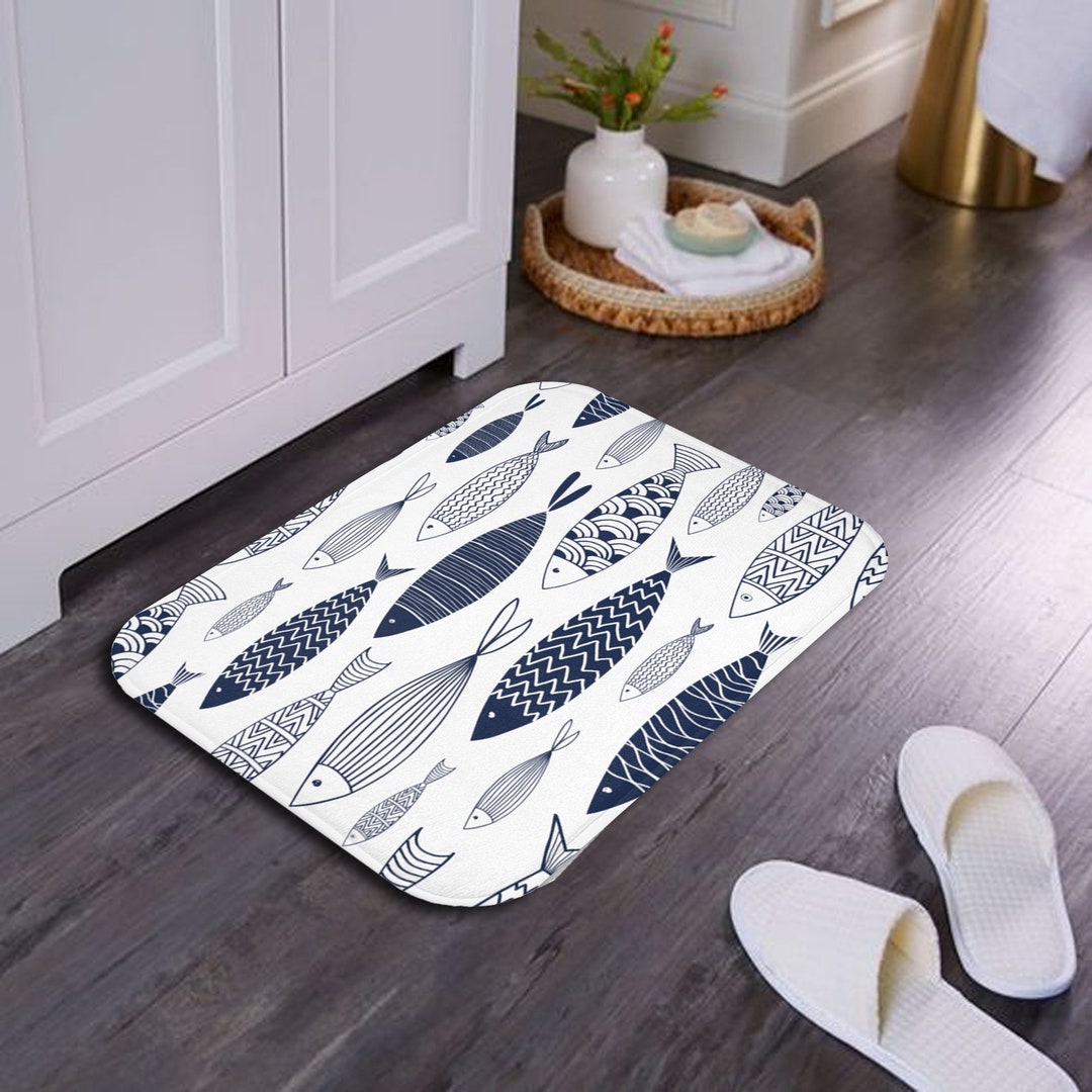 Fish Bath Mat, Nautical Home Decor, Blue White Bathmat, Cabin Bathroom ...
