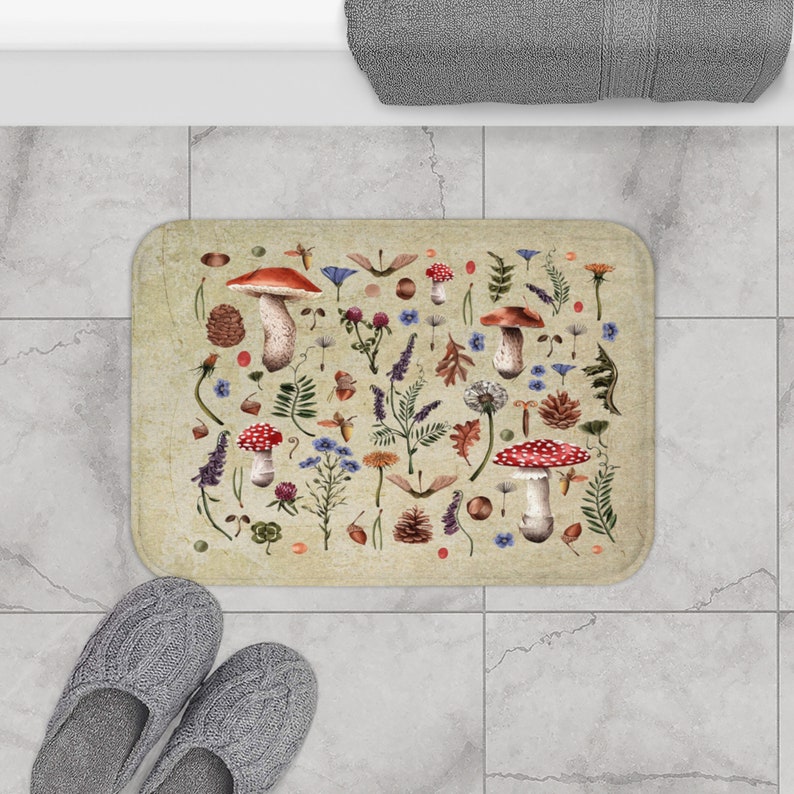 Fall Bath Mat With Mushrooms and Leaves Earthy Colors | Etsy