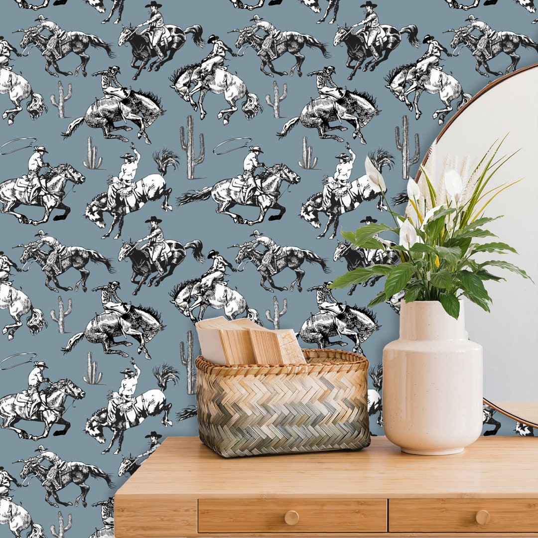 Blue Wallpaper With Cowboy, Wild West Decor, Southwestern Wall Paper ...