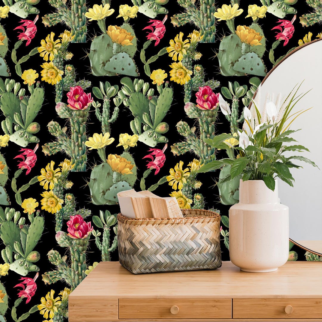 Dark Botanical Wallpaper, Cactus Wallpaper Peel and Stick, Black ...