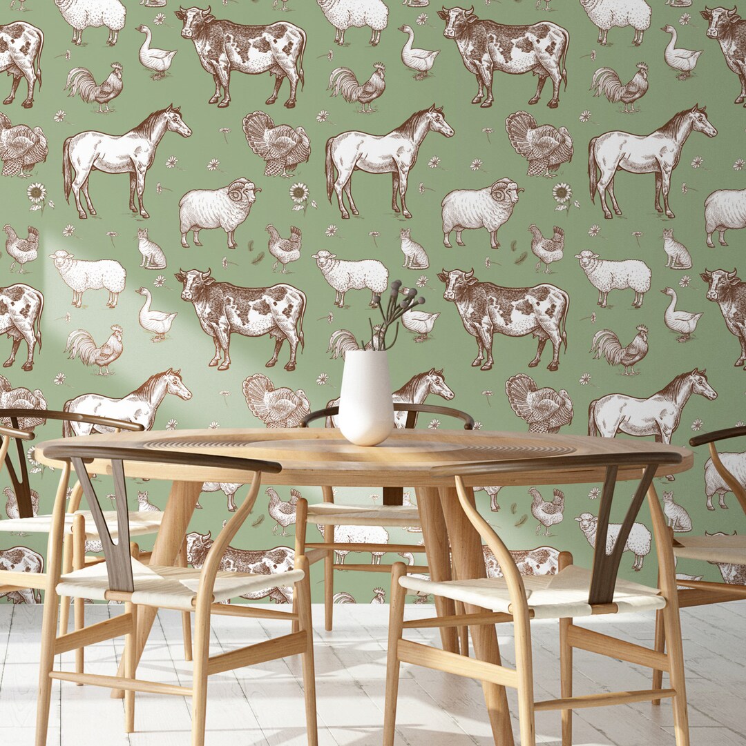 Farm Wallpaper With Horse and Cow, Farmhouse Decor, Wallpaper Removable ...