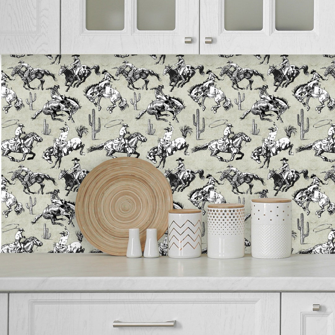 Gray Wallpaper With Cowboy, Southwest Decor, Western Wallpaper Peel ...