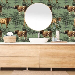 Green Wall Paper, Farm Wall Paper, Cow Wall Decor, Ranch Wallpaper ...