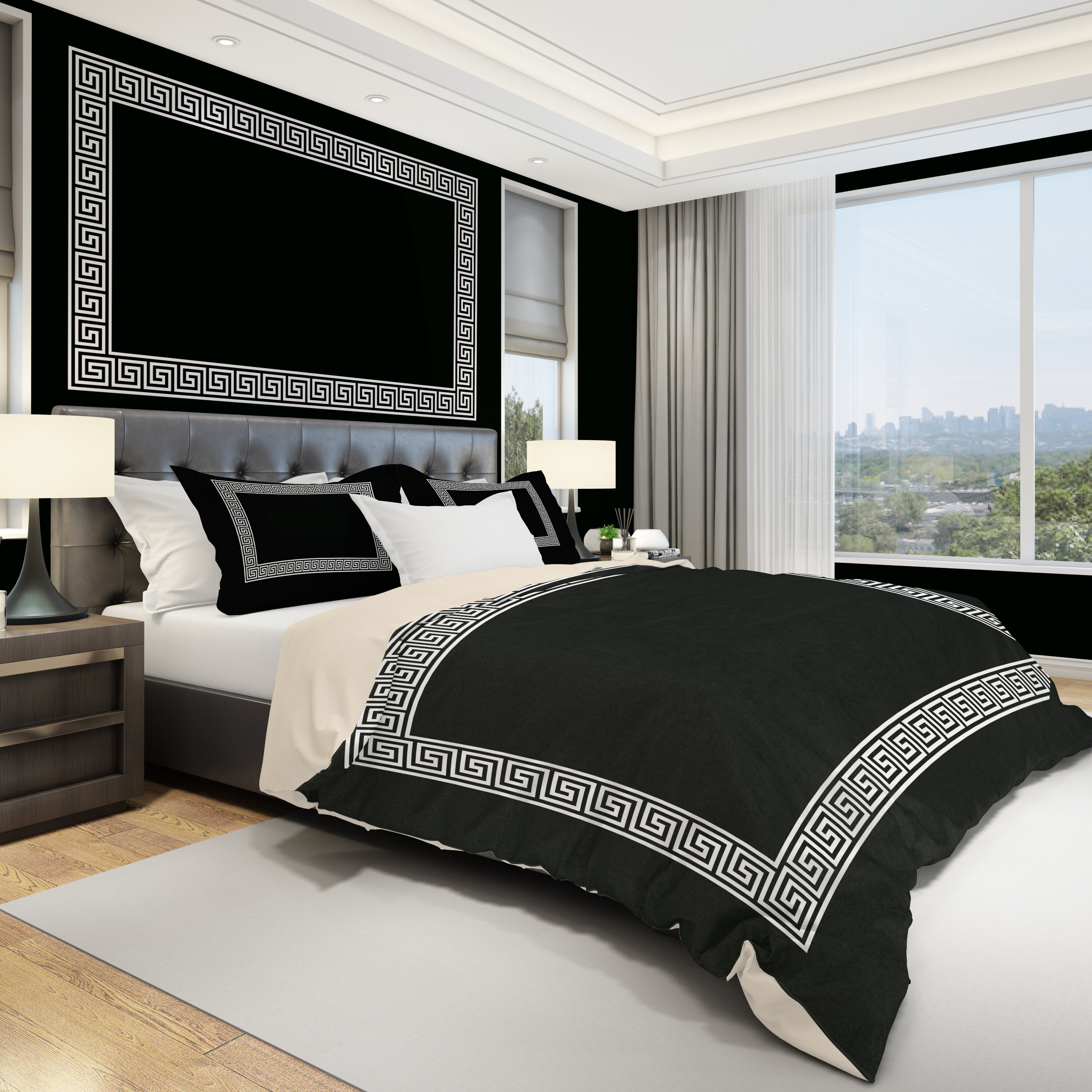 Black Duvet Cover Meander Patterns Greek Key Bedding Dark - Etsy