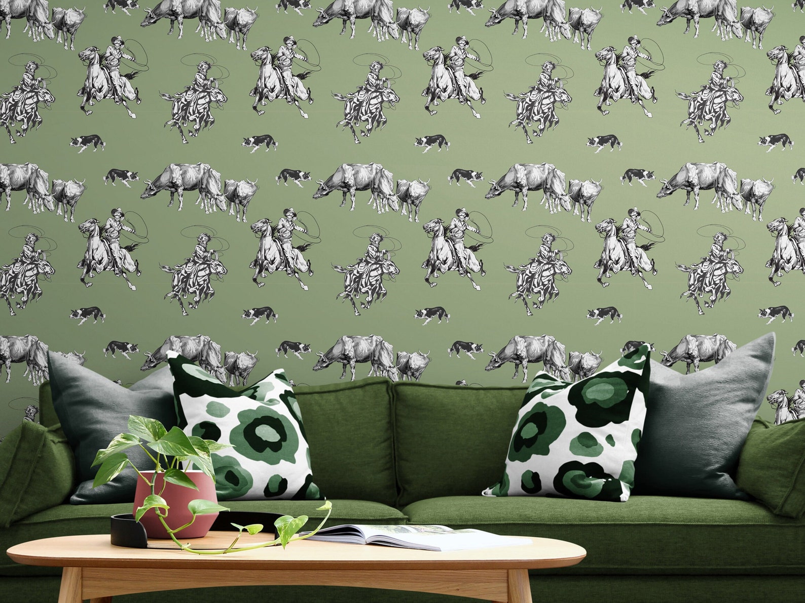 Green Wallpaper Western Wall Paper With Cowboy Southwestern - Etsy