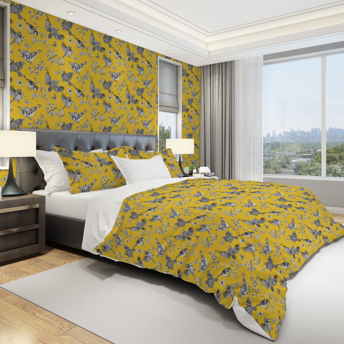 Yellow Bedding Set, Birds Comforter King, Queen, Tween, XL Twin Size ...