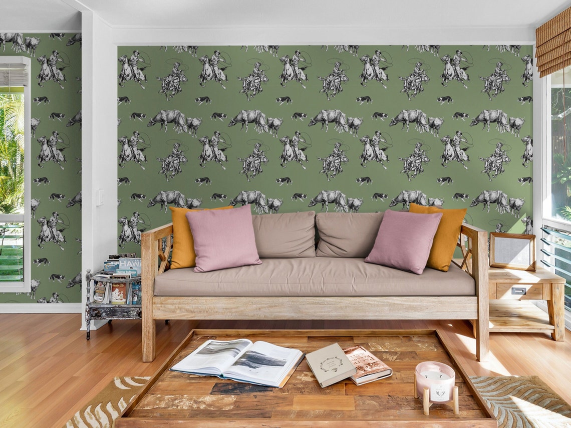 Green Wallpaper Western Wall Paper With Cowboy Southwestern - Etsy
