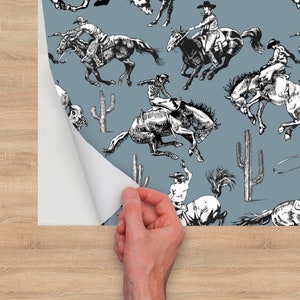 Blue Wallpaper With Cowboy, Wild West Decor, Southwestern Wall Paper ...