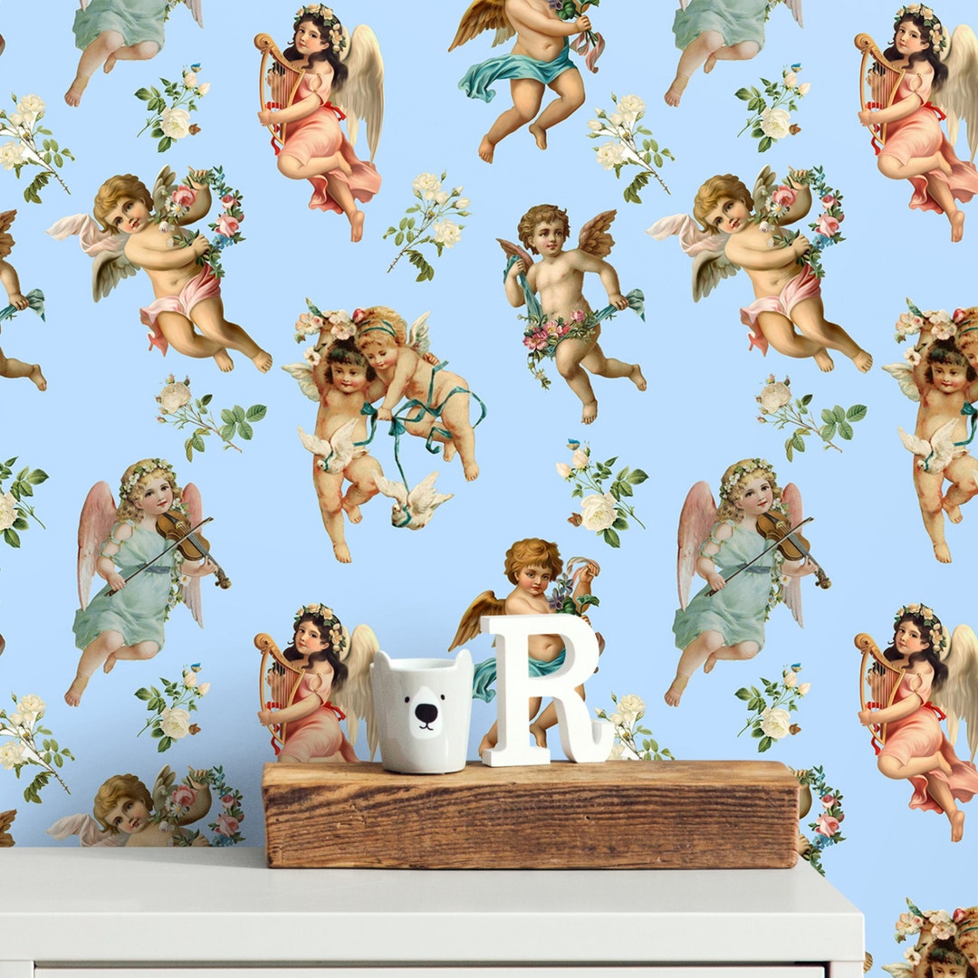 Cupid Wallpaper, Angel Wallpaper, Blue Wall Paper Peel and Stick ...