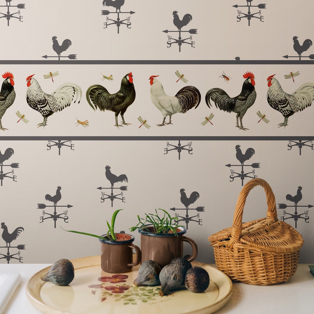 Farmhouse Rooster Wallpaper, Beige Wall Paper Peel and Stick, Rustic ...