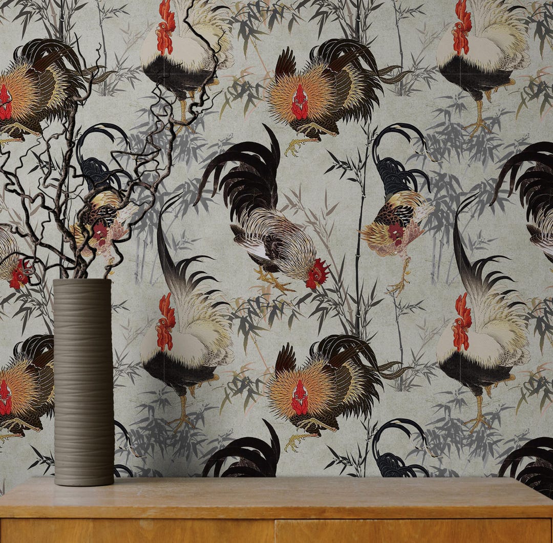 Gray Rooster Wallpaper, Farm Wall Decal Peel and Stick, Vintage Chicken ...