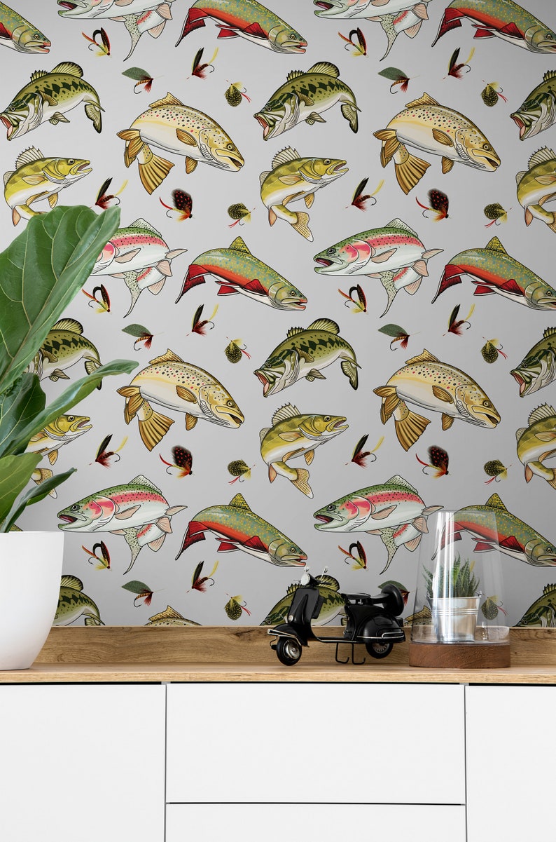 Fish Wallpaper, Gray Wall Paper Peel and Stick With Salmon, Fishing ...