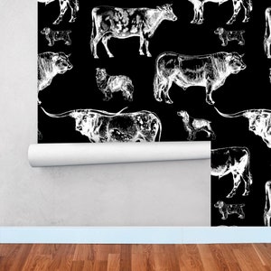 Dark Wall Paper With Cow, Farm Wall Decor, Ranch Wallpaper, Black ...