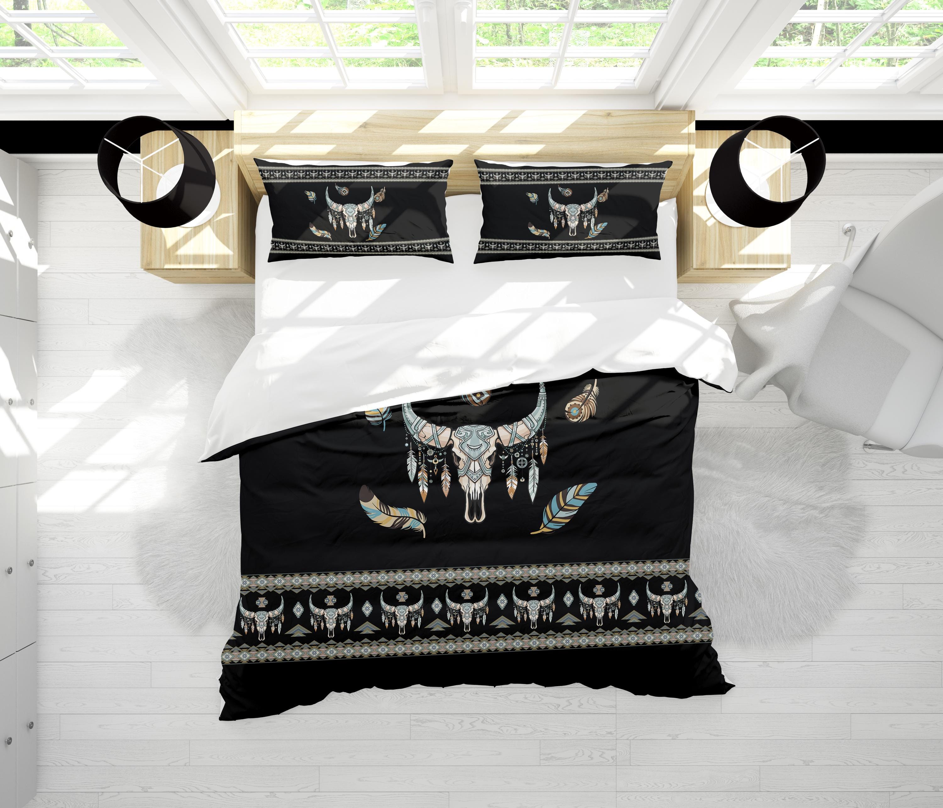 Boho Comforter With Bull Skull and Feathers , Black Bedding Set With ...