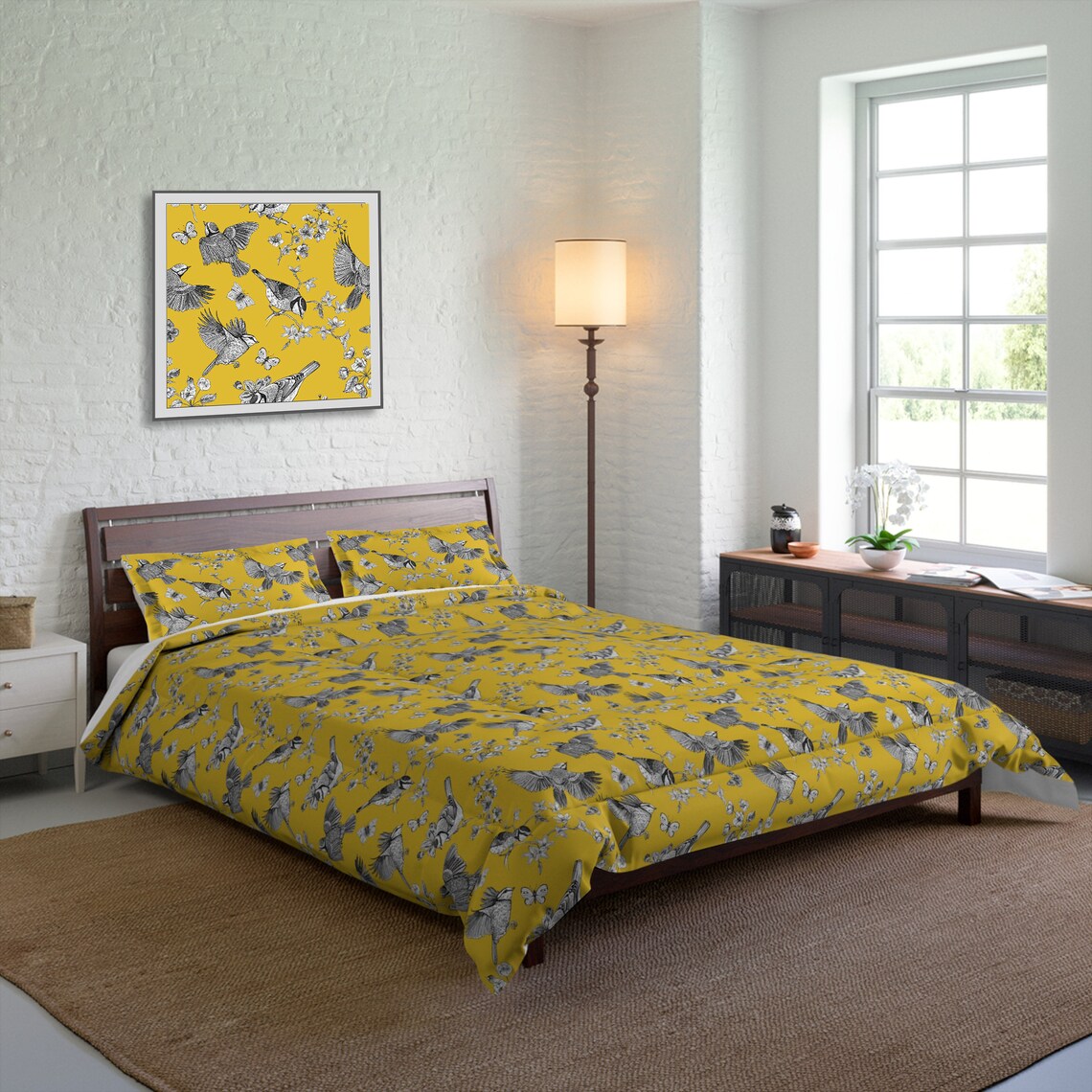 Yellow Bedding Set, Birds Comforter King, Queen, Tween, XL Twin Size ...