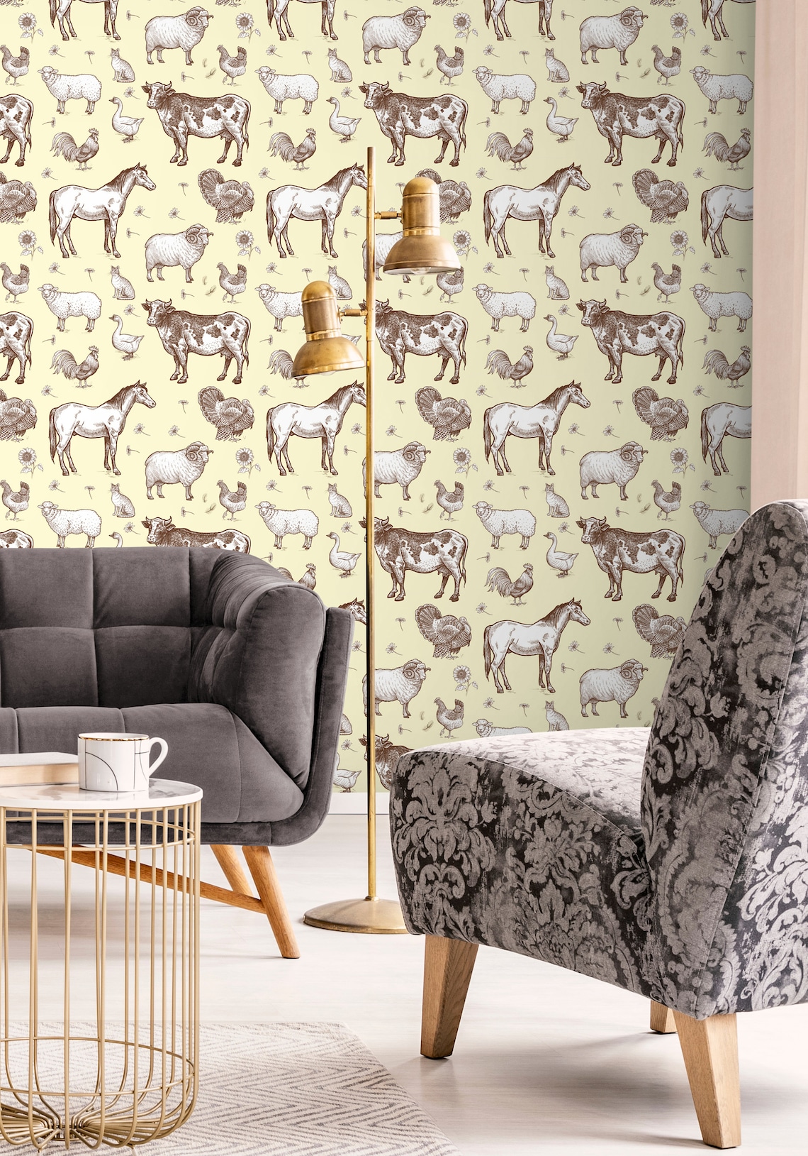 Farmhouse Wallpaper Farm Animals Wall Paper Removable Wall | Etsy