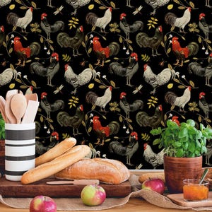 Dark Vintage Style Wallpaper, Rooster Wall Decor, Traditional or Pre ...