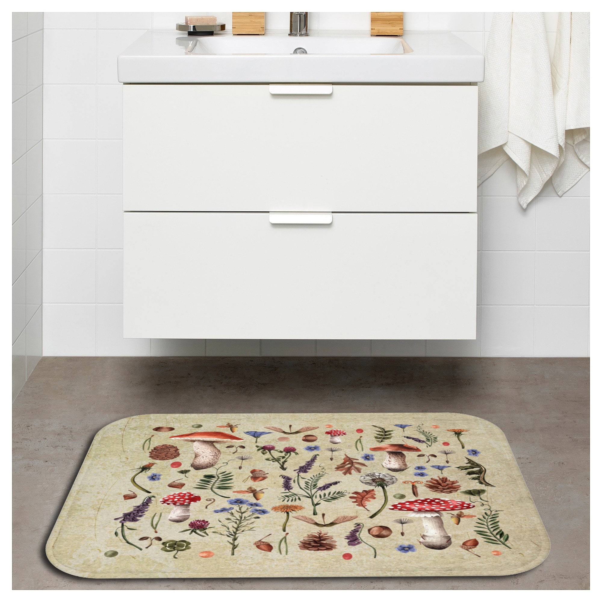 Fall Bath Mat With Mushrooms and Leaves Earthy Colors | Etsy