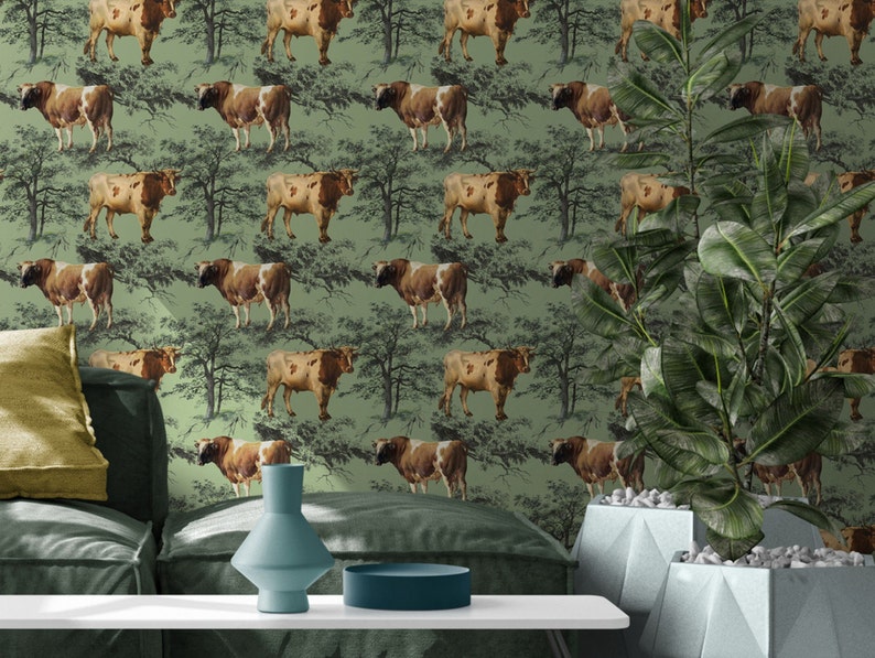 Green Wall Paper With Cow, Farm Animal Wallpaper, Rustic Farmhouse ...