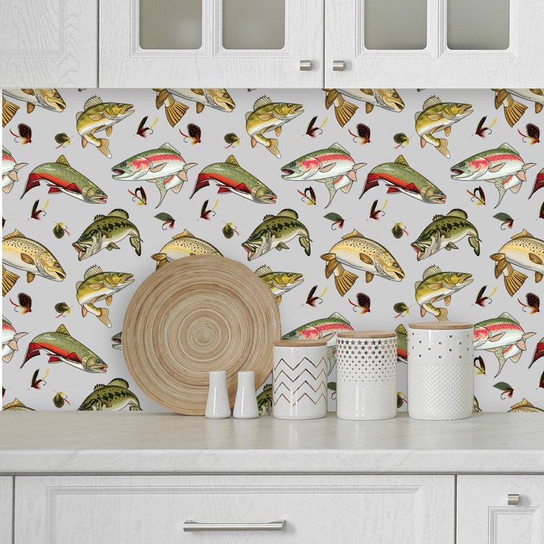 Fish Wallpaper, Gray Wall Paper Peel and Stick With Salmon, Fishing ...