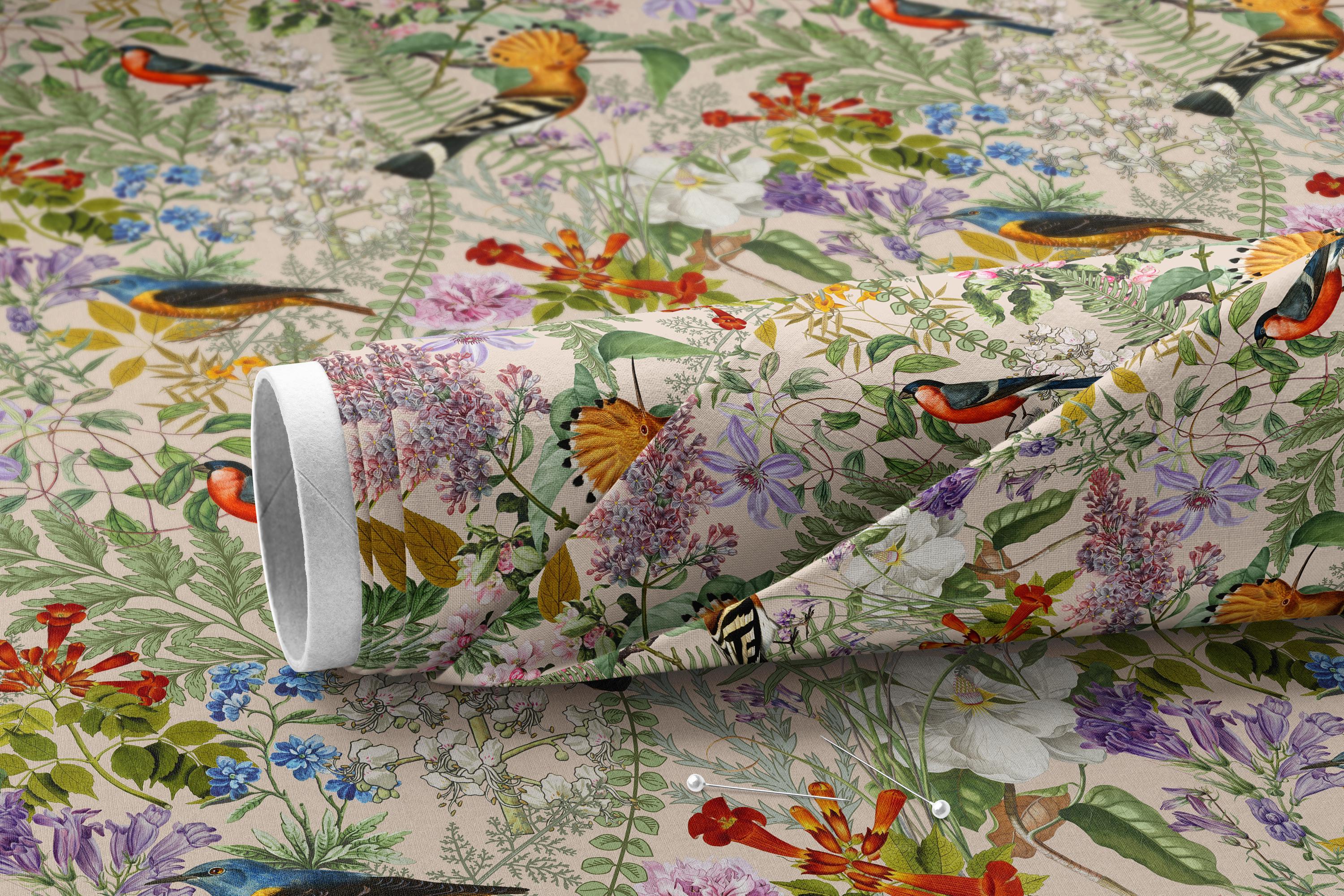 Floral Bird Botanical Print Fabric, Combed Cotton Sewing Material - Etsy