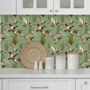 Green Retro Wallpaper, Duck Wall Paper Peel & Stick, Birds Wall Decal ...