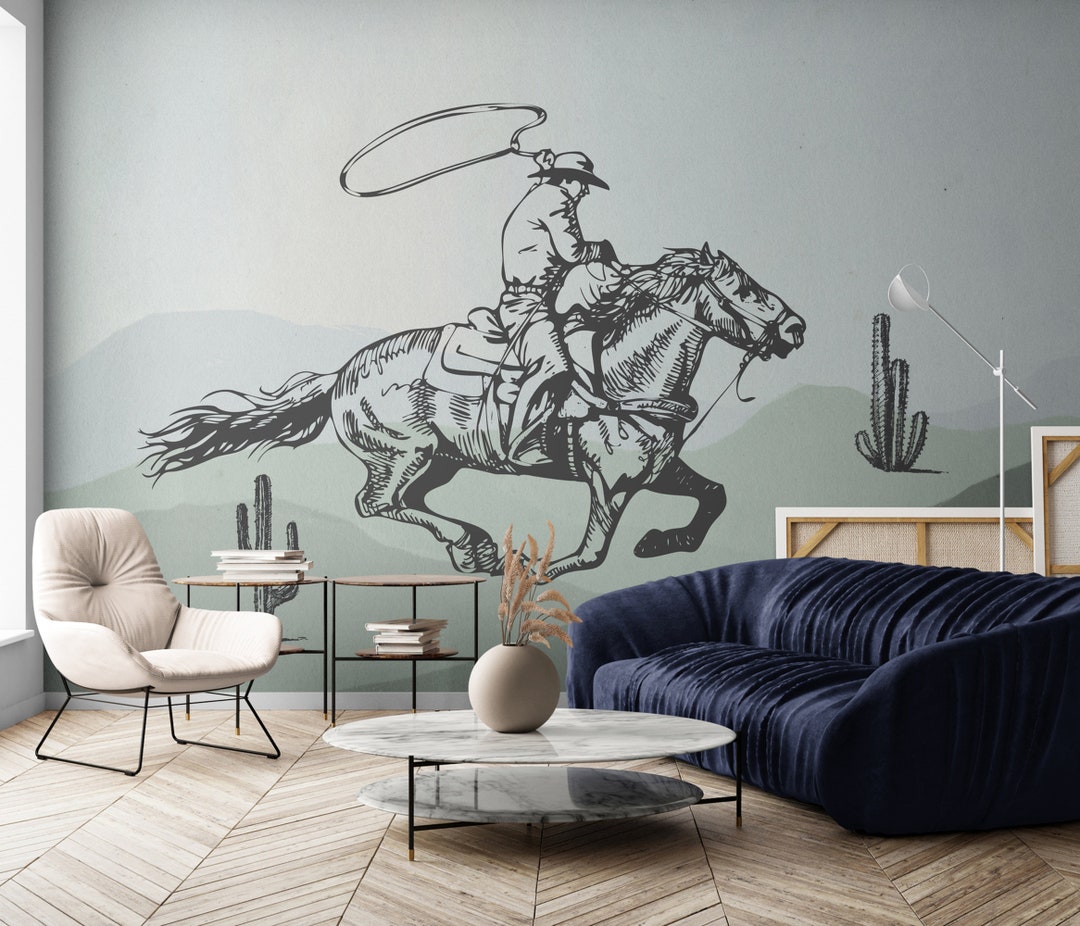Southwestern Wall Decal, Cowboy Wallpaper, Calf Roper Mural, Wall Paper ...