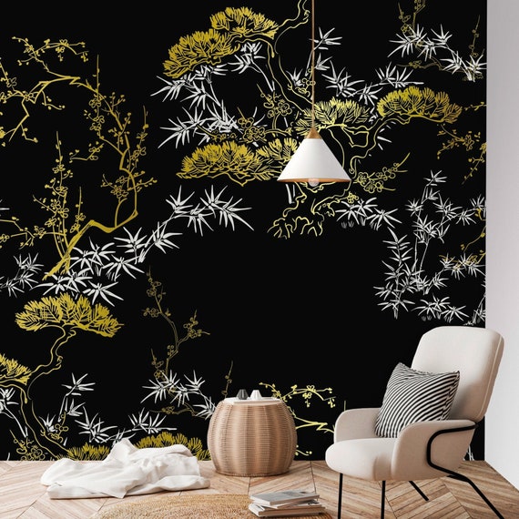 Black Wallpaper Japanese Wall Decal Pine Tree Mural Wall | Etsy