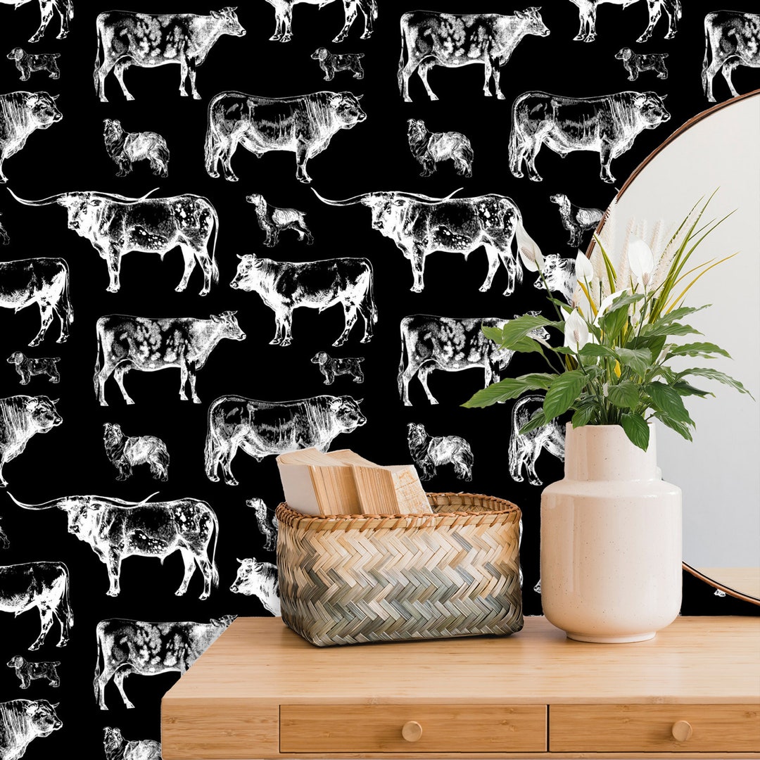 Dark Wall Paper With Cow, Farm Wall Decor, Ranch Wallpaper, Black ...