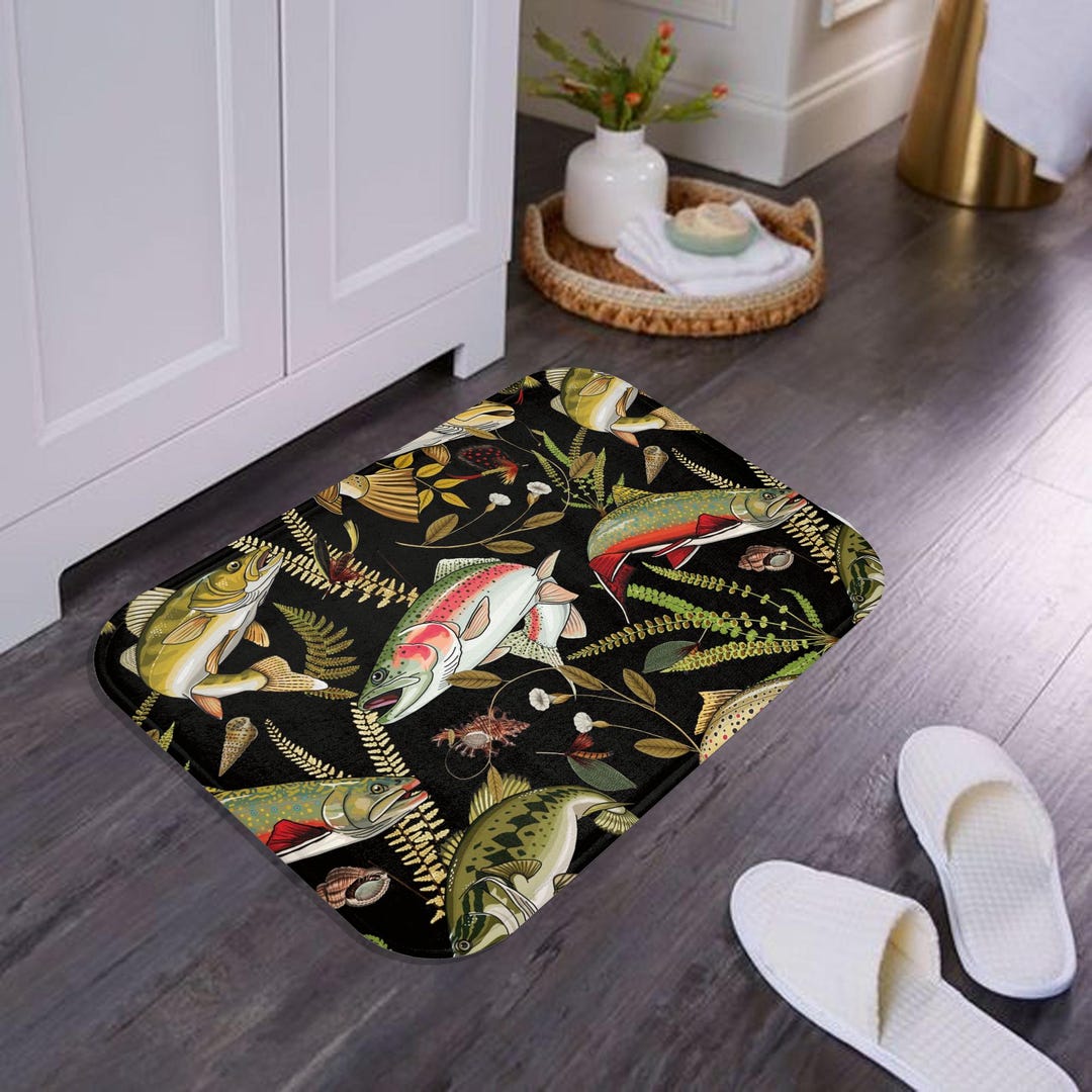 Black Bath Mat, Fish Home Decor, Black White Rug, Cabin Bathroom Decor ...