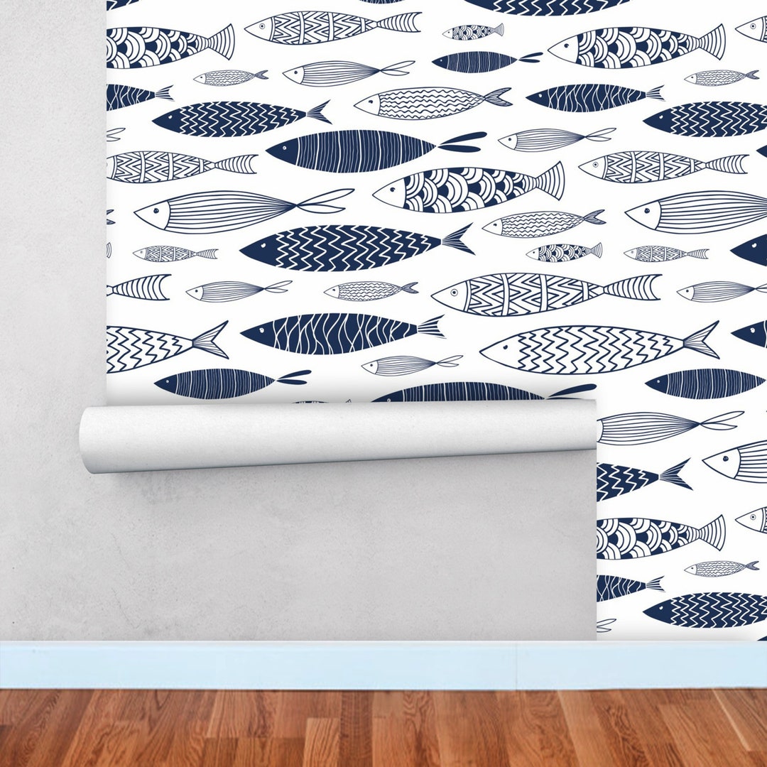 Fish Wallpaper, Blue Wall Paper, Beach House Decor, Traditional Wall ...