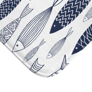 Fish Bath Mat, Nautical Home Decor, Blue White Bathmat, Cabin Bathroom ...
