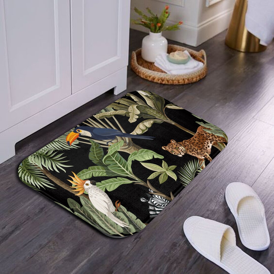 Jungle Bath Mat, Bath Rug With Parrot, Black Bathroom Rug, Cute ...