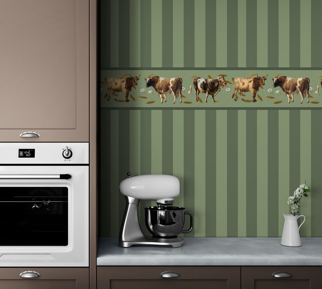 Green Striped Wallpaper, Cow Wall Paper, Farmhouse Wall Decor, Farm ...