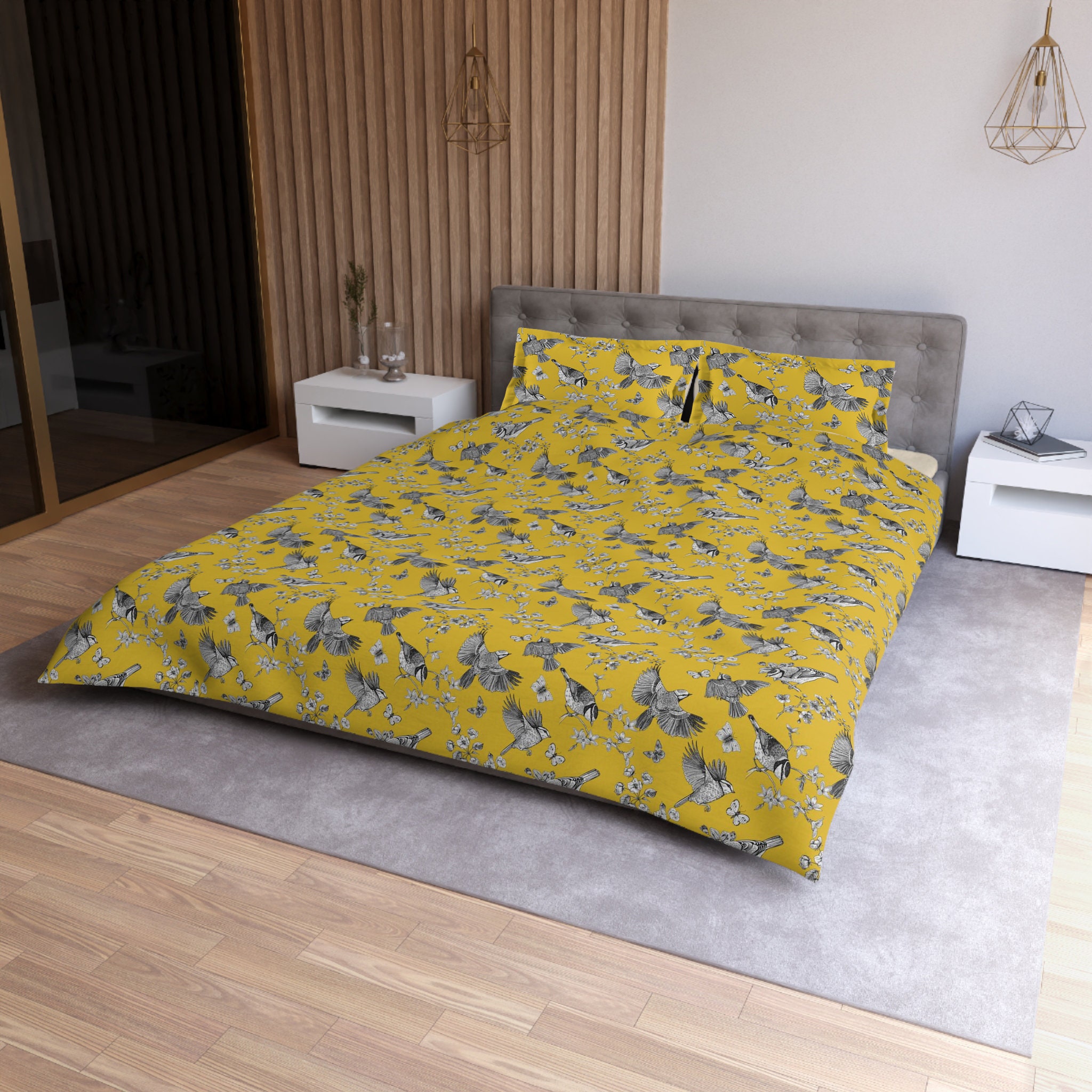 Yellow Bedding Set, Birds Comforter King, Queen, Tween, XL Twin Size ...