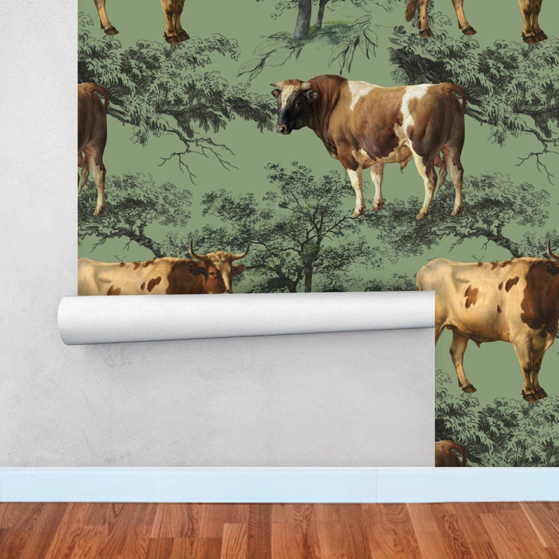 Green Wall Paper With Cow, Farm Animal Wallpaper, Rustic Farmhouse ...