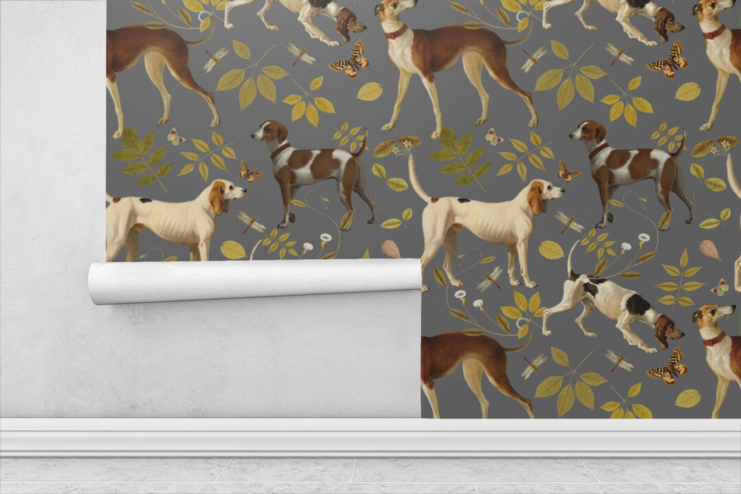 Gray Wallpaper With Hunting Dogs, Retro Wallpaper, Cottage Decor ...