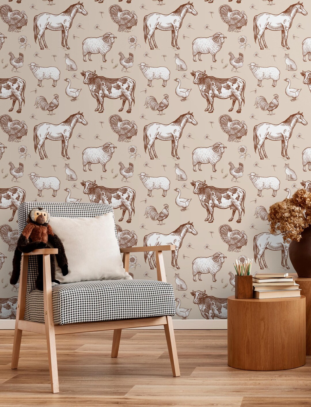 Farmhouse Wallpaper, Farm Animals Wall Paper, Removable Wall Mural With ...
