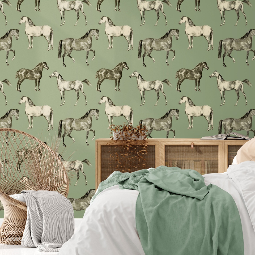 Horse Wallpaper, Farm Wallpaper, Green Wall Paper With Farm Animals ...