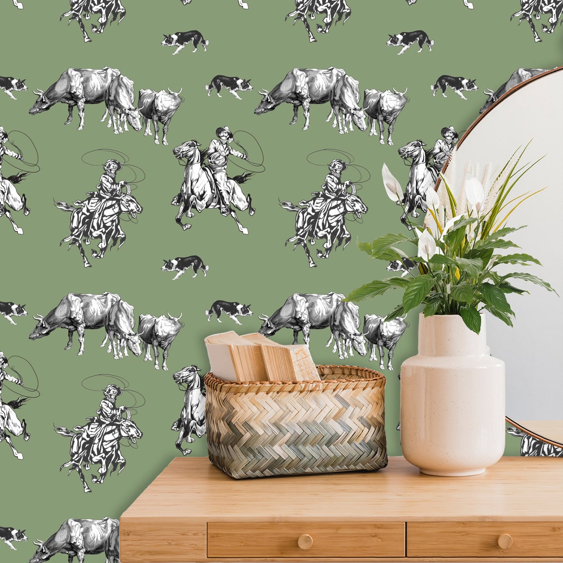 Green Wallpaper Western Wall Paper With Cowboy Southwestern - Etsy