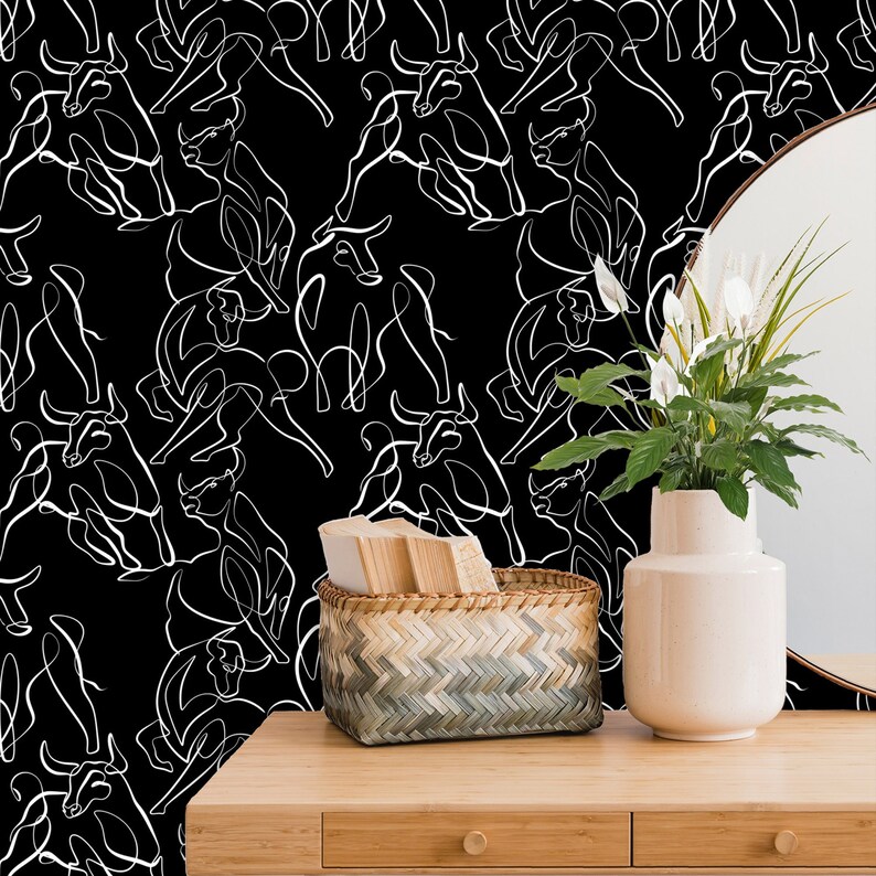 Dark Wallpaper Man Cave Decor With Bull Minimalist Wall - Etsy
