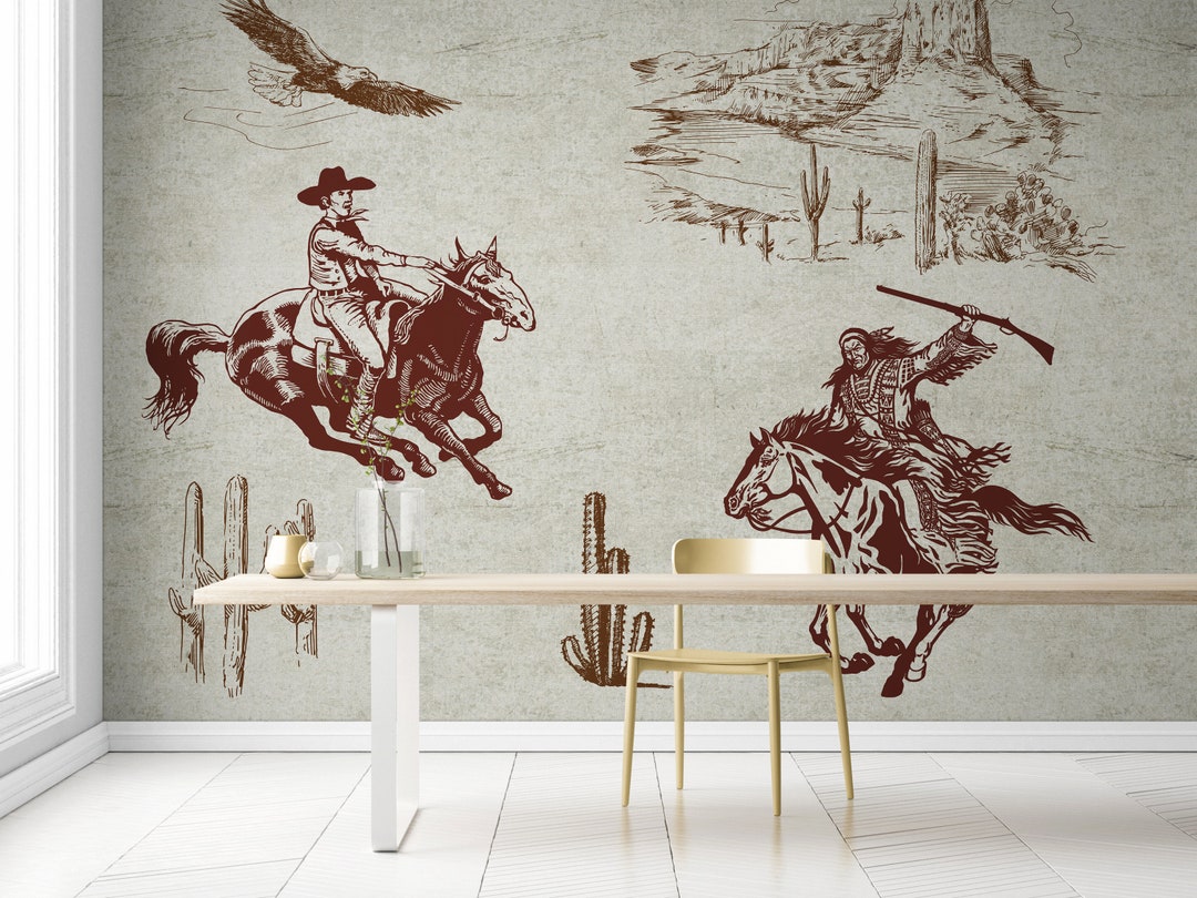 Southwestern Wall Decal, Cowboy Wallpaper, Horse Mural Wall Paper Peel ...