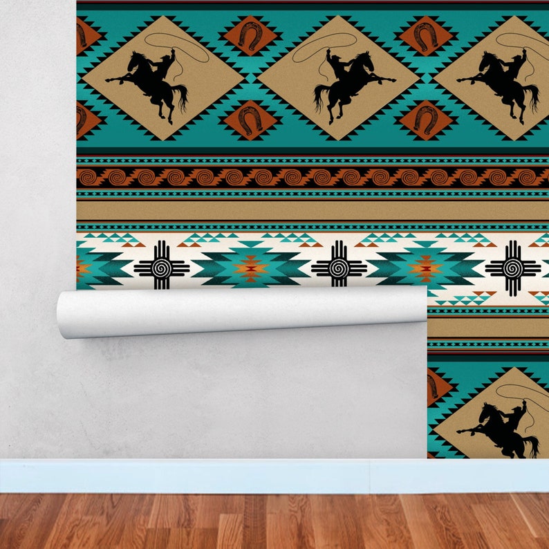 Southwestern Wallpaper, Boho Wall Paper With Cowboy, Native Americans ...