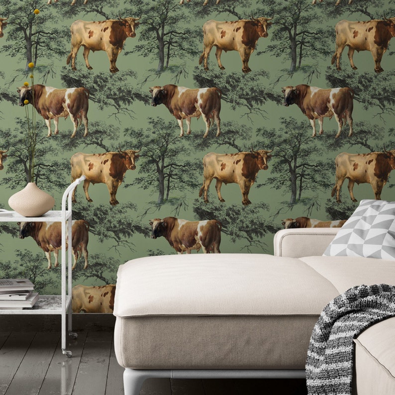 Green Wall Paper With Cow, Farm Animal Wallpaper, Rustic Farmhouse ...